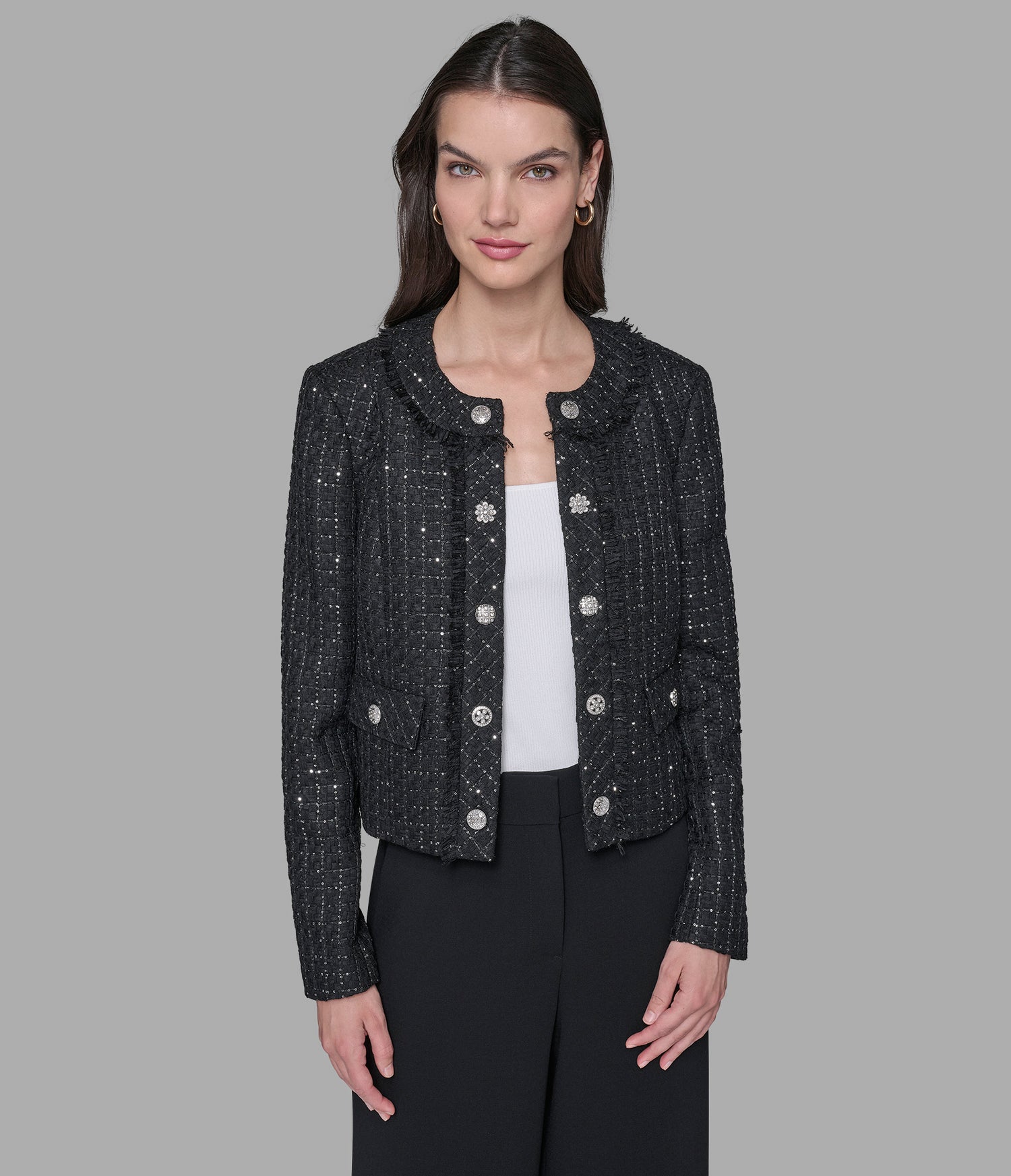 Tweed Collarless Jacket | Jackets & Blazers | Karl Lagerfeld Paris