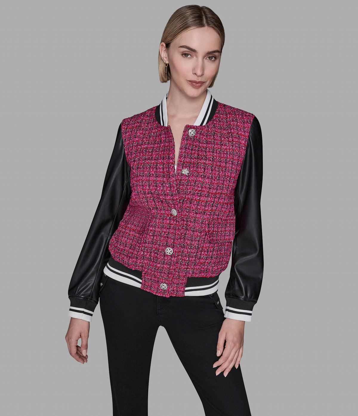 Mixed Media Tweed Varsity Jacket | Jackets & Blazers | Karl Lagerfeld Paris
