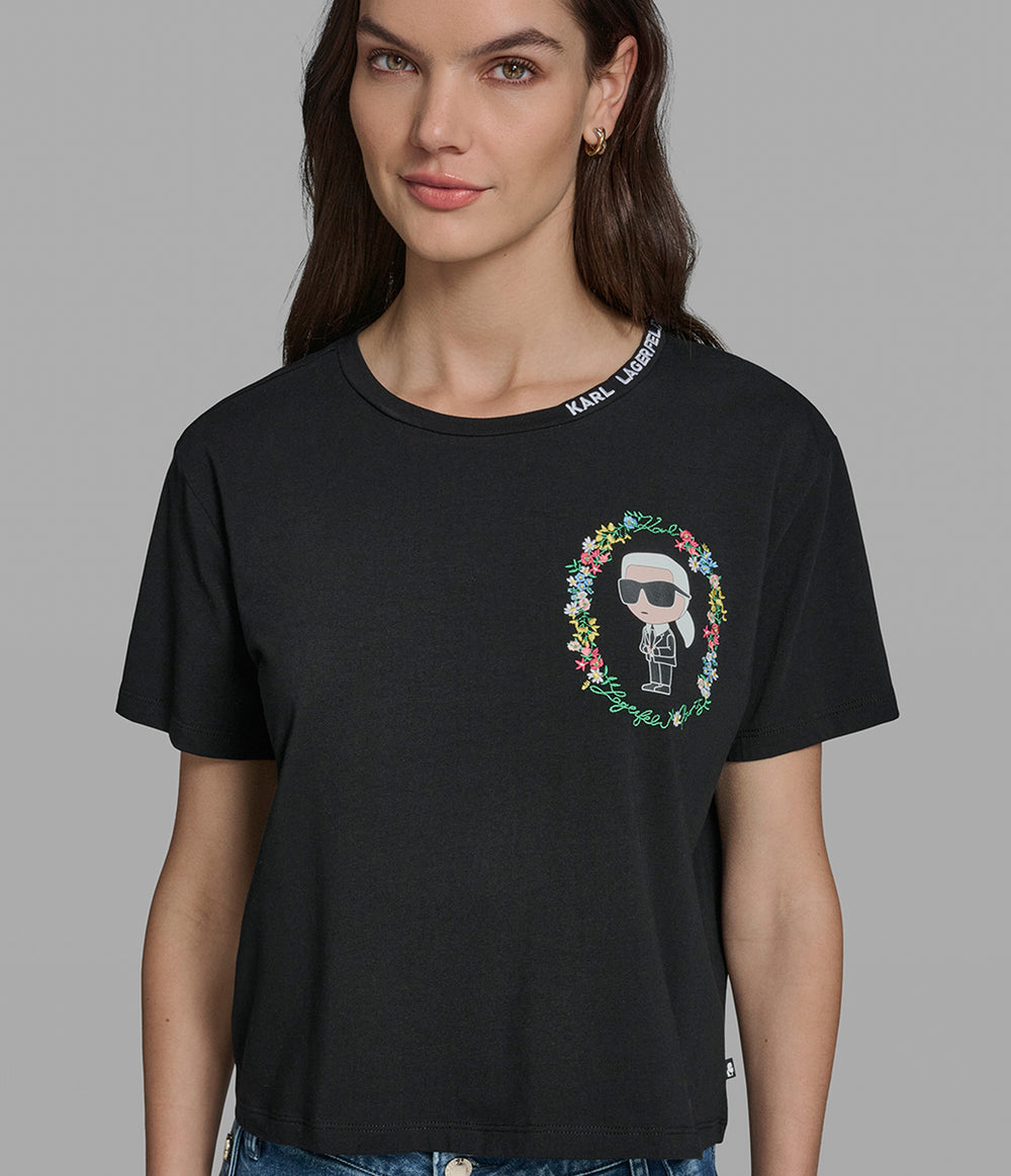 Cropped Cotton Jersey Karl Floral Tee | Karl Lagerfeld Paris