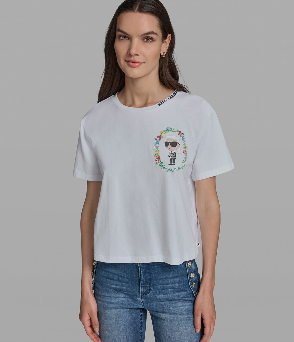 Cropped Cotton Jersey Karl Floral Tee | Tees & Tanks | Karl Lagerfeld Paris